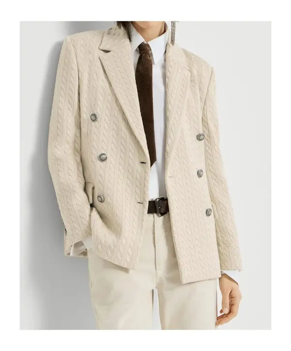 Brunello Cucinelli Sparkling Cotton And Viscose English-rib-knit Blazer With Monili - Cream