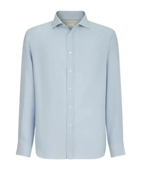 Brunello Cucinelli Cotton And Cashmere Denim-effect Diagonal Shirt With Spread Collar