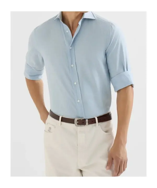 Brunello Cucinelli Cotton And Cashmere Denim-effect Diagonal Shirt With Spread Collar