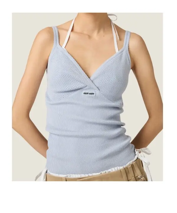 Miu Miu Cotton Knit Logo Design Sleeveless Pullover Top - White