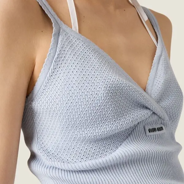 Miu Miu Cotton Knit Logo Design Sleeveless Pullover Top - White