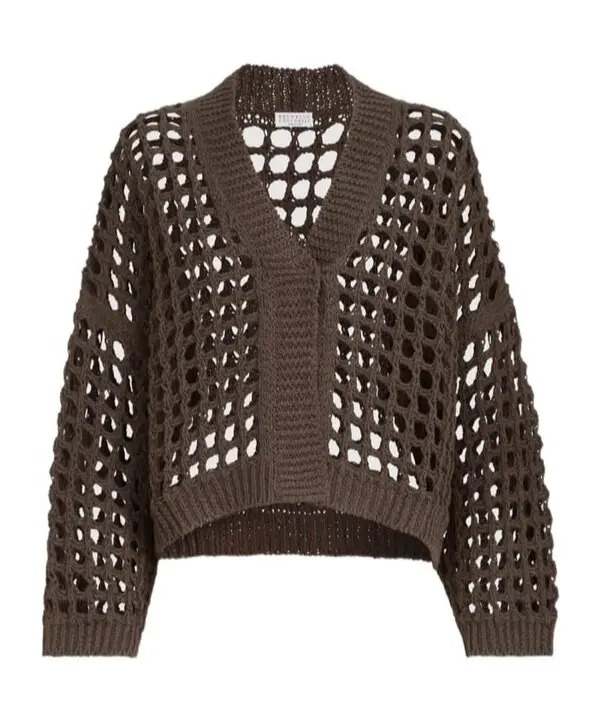 Brunello Cucinelli Jute And Cotton Net Cardigan - Brown