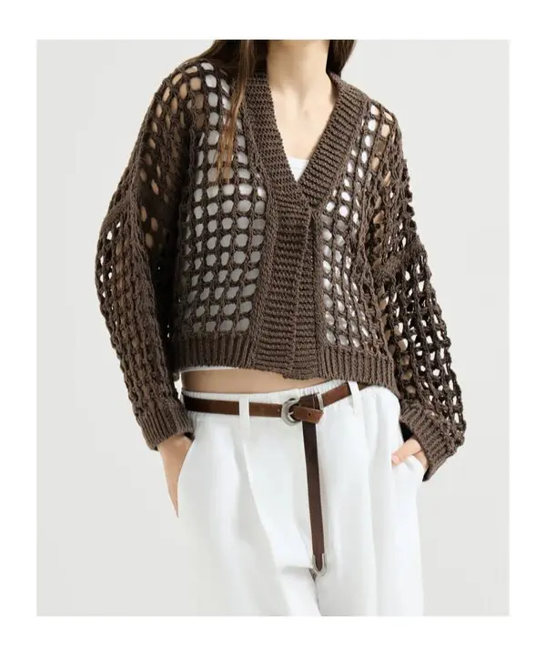 Brunello Cucinelli Jute And Cotton Net Cardigan - Brown