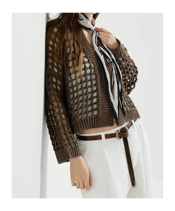 Brunello Cucinelli Jute And Cotton Net Cardigan - Brown