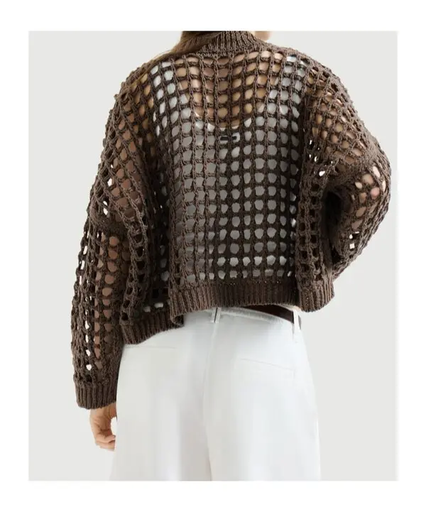 Brunello Cucinelli Jute And Cotton Net Cardigan - Brown
