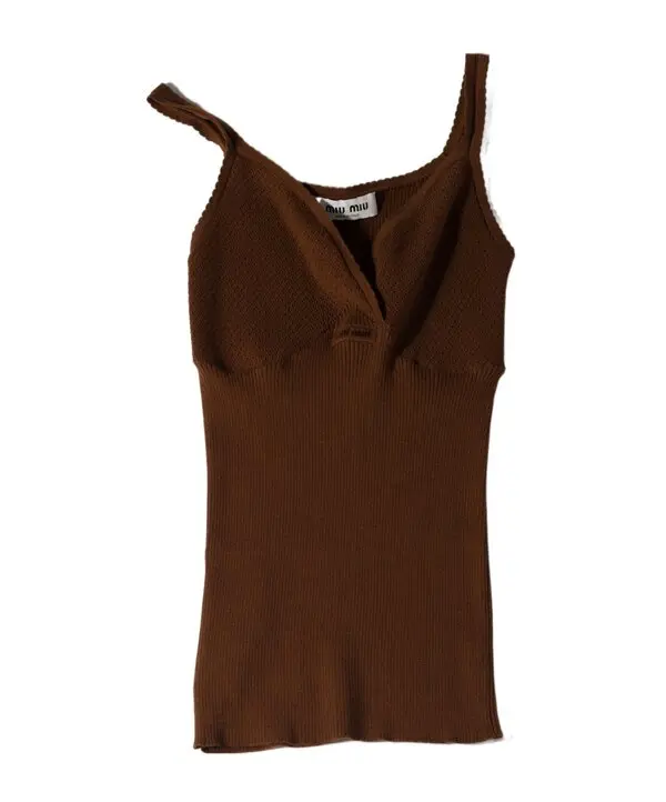 Miu Miu Cotton Knit V-neck Top - Cocoa Brown
