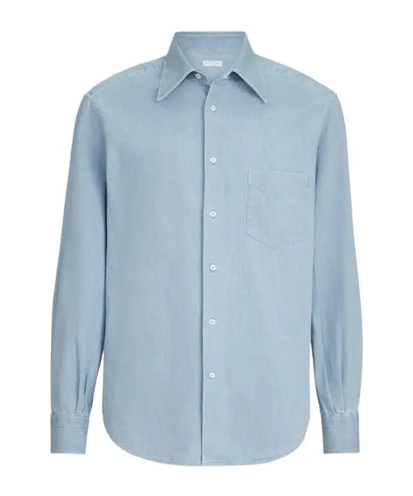 Brunello Cucinelli Lightweight Denim Shirt With Italian Collar And Chest Pocket - Light Denim Blue