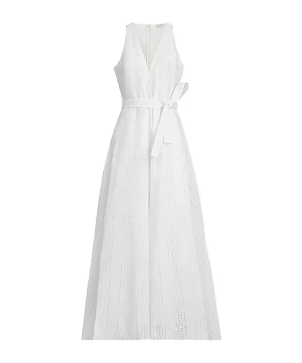 Brunello Cucinelli Techno Cotton Poplin Broderie Anglaise Maxi Dress - White