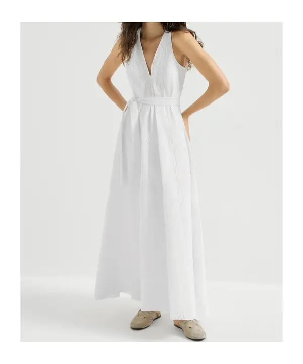 Brunello Cucinelli Techno Cotton Poplin Broderie Anglaise Maxi Dress - White