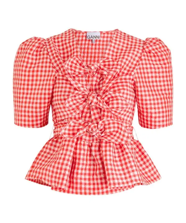 GANNI Plaid Puff Sleeve V-neck Tie Front Cover-up