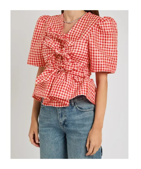 GANNI Plaid Puff Sleeve V-neck Tie Front Cover-up