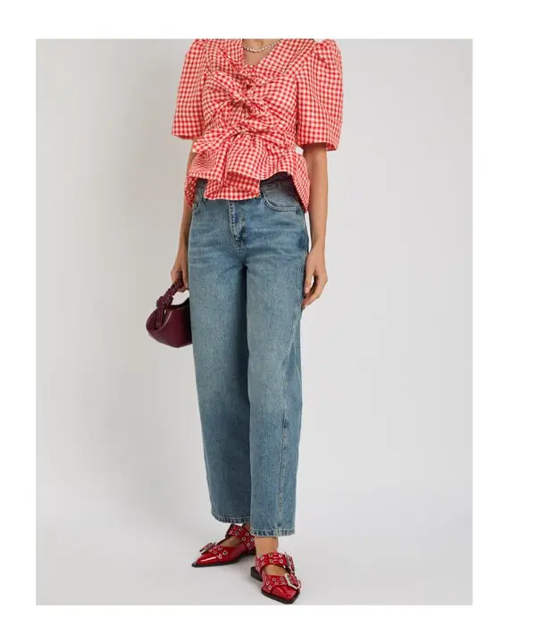 GANNI Plaid Puff Sleeve V-neck Tie Front Cover-up
