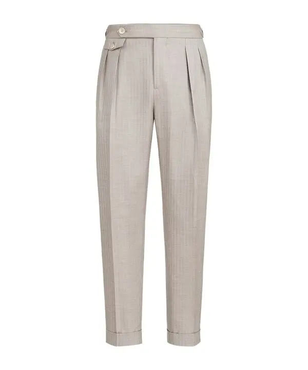 Brunello Cucinelli Cashmere And Silk Chevron Trousers With Double Pleats And Waist Tabs - Nude