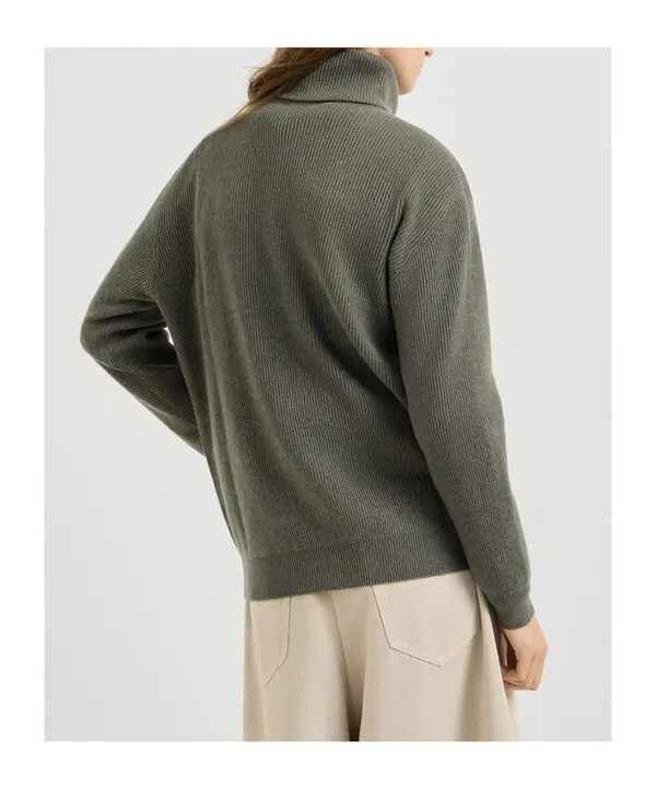Brunello Cucinelli Cashmere English-rib Turtleneck Sweater With Monili - Origano
