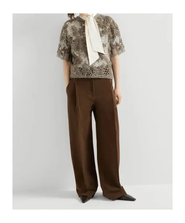 Brunello Cucinelli Stretch-cotton Moleskin Loose Sartorial Trousers With Monili - Chocolate