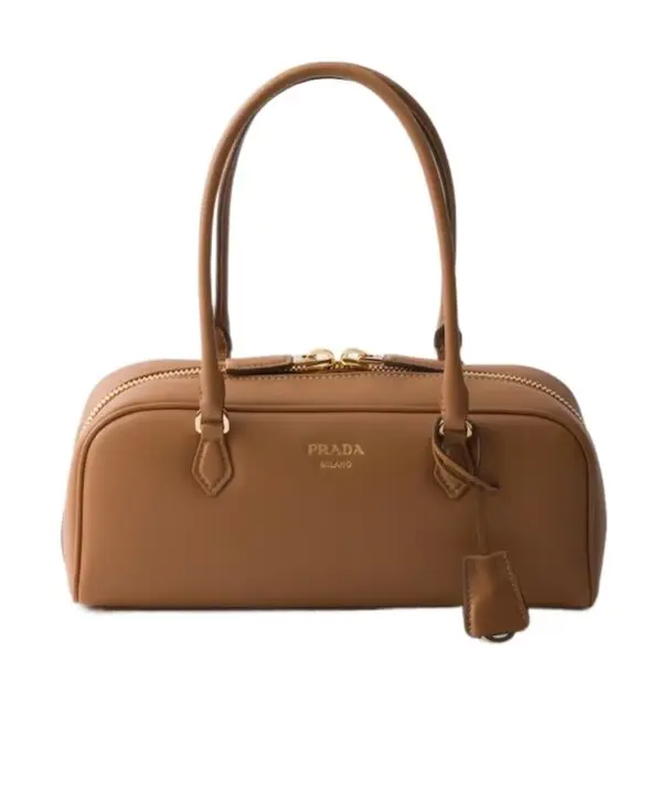 Prada Medium Leather Top-handle Bag With Monogram Detail - Caramel