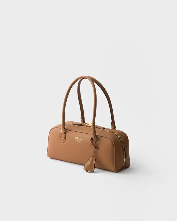Prada Medium Leather Top-handle Bag With Monogram Detail - Caramel