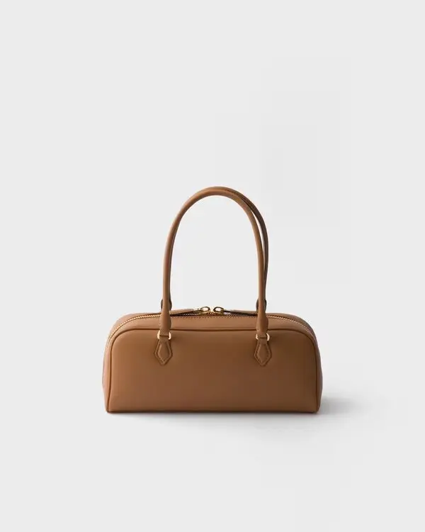 Prada Medium Leather Top-handle Bag With Monogram Detail - Caramel