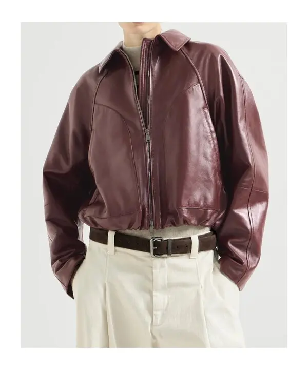 Brunello Cucinelli Nappa Leather Jacket With Monili Embellishment - Burgundy