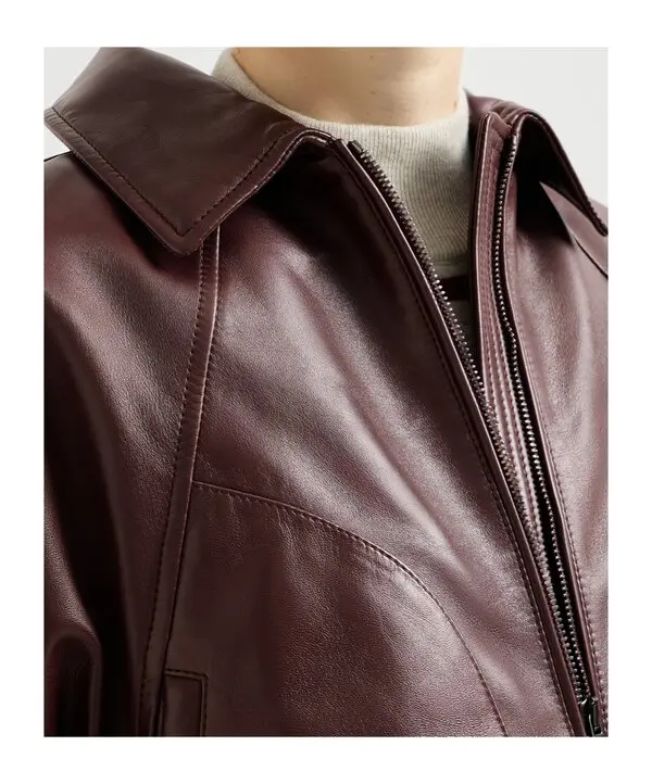 Brunello Cucinelli Nappa Leather Jacket With Monili Embellishment - Burgundy