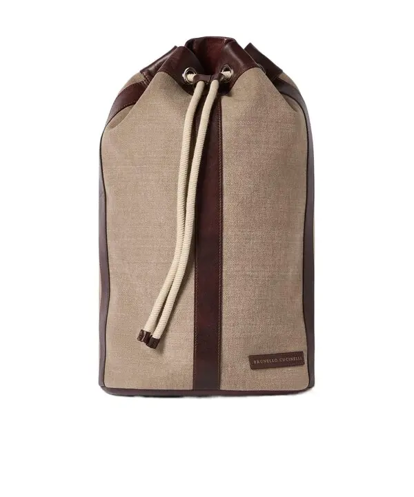 Brunello Cucinelli Water-resistant Canvas And Burnished Calfskin Drawstring Backpack - Nude