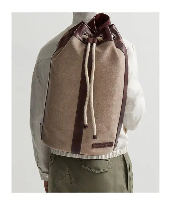 Brunello Cucinelli Water-resistant Canvas And Burnished Calfskin Drawstring Backpack
