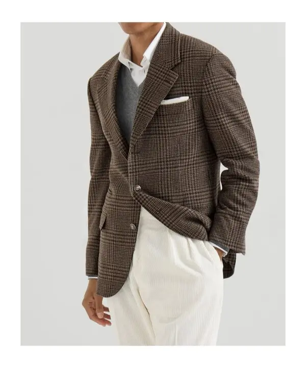 Brunello Cucinelli Cashmere Prince Of Wales Tailor Blazer - Chestnuts