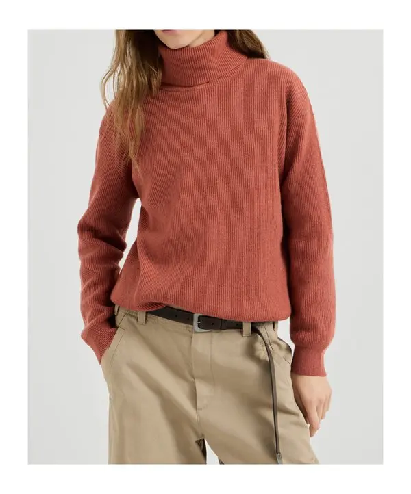 Brunello Cucinelli Cashmere English Rib Turtleneck Sweater With Monili - Refractory Bricks