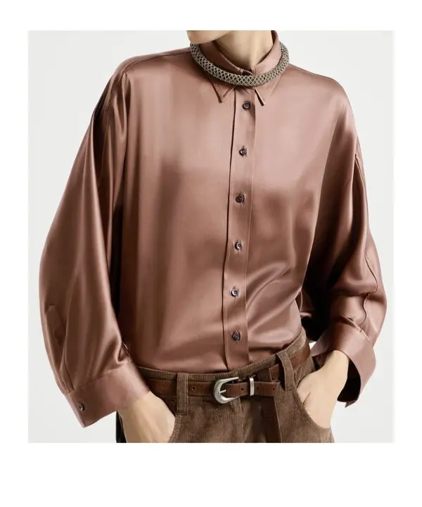 Brunello Cucinelli Stretch Silk Satin Shirt With Monili - Dattero