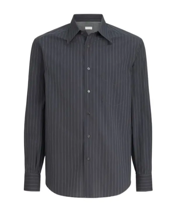 Brunello Cucinelli Double Pinstripe Cotton Overshirt With Italian Collar And Chest Pocket - Dark Gray