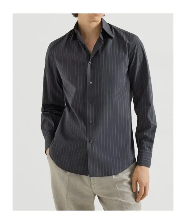 Brunello Cucinelli Double Pinstripe Cotton Overshirt With Italian Collar And Chest Pocket - Dark Gray