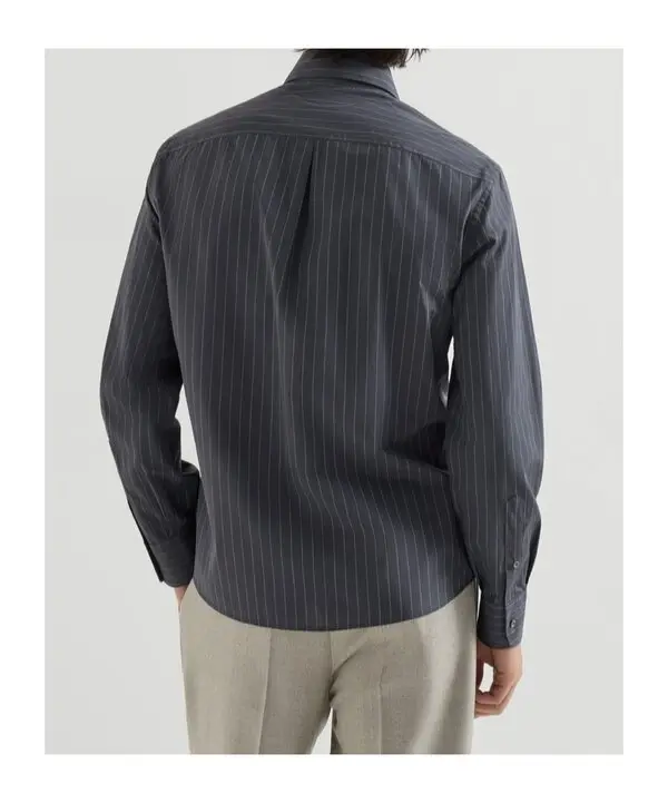 Brunello Cucinelli Double Pinstripe Cotton Overshirt With Italian Collar And Chest Pocket - Dark Gray