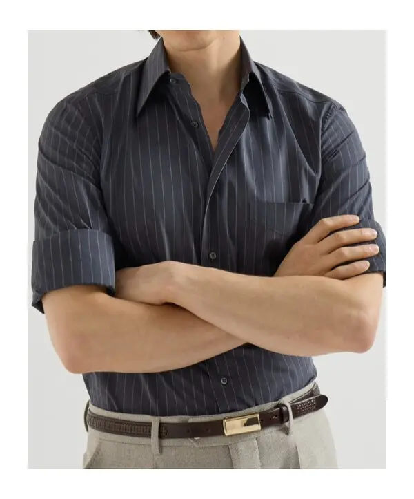Brunello Cucinelli Double Pinstripe Cotton Overshirt With Italian Collar And Chest Pocket - Dark Gray