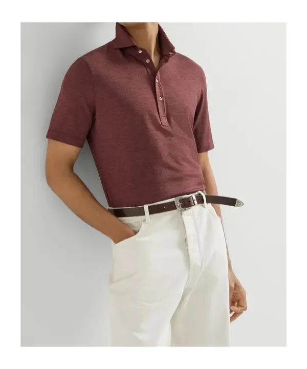 Brunello Cucinelli Virgin Wool, Silk And Cotton Piqué Polo Shirt With Spread Collar - Burgundy
