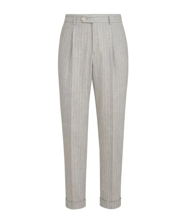 Brunello Cucinelli Virgin Wool And Cashmere Chalk Stripe Flannel Trousers With Pleat - Light Grey