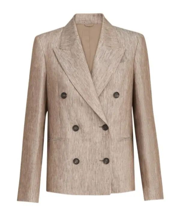 Brunello Cucinelli Linen Denim Double-breasted Blazer With Monili Embellishment