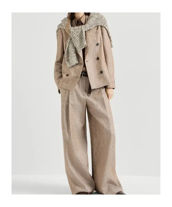 Brunello Cucinelli Linen Denim Double-breasted Blazer With Monili Embellishment