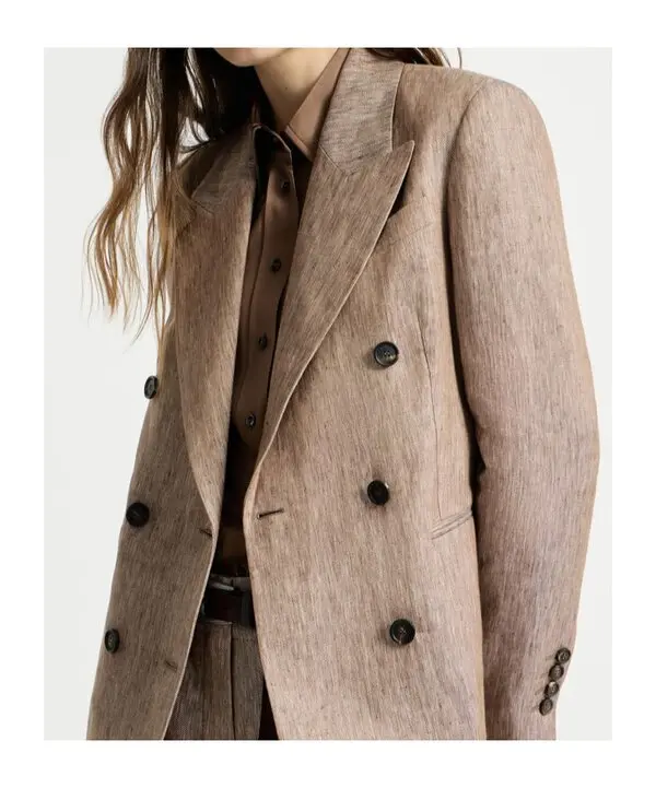 Brunello Cucinelli Linen Denim Double-breasted Blazer With Monili Embellishment