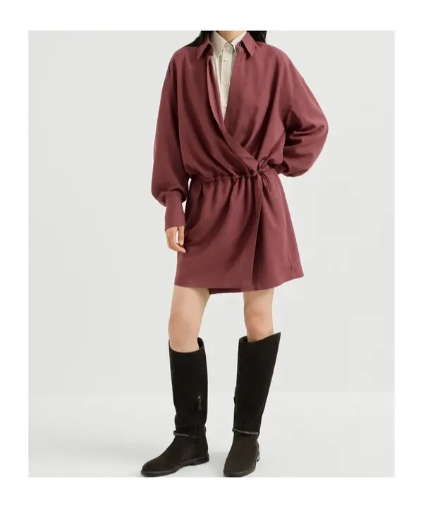 Brunello Cucinelli Virgin Wool Fluid Twill Shirt Dress With Monili - Wine