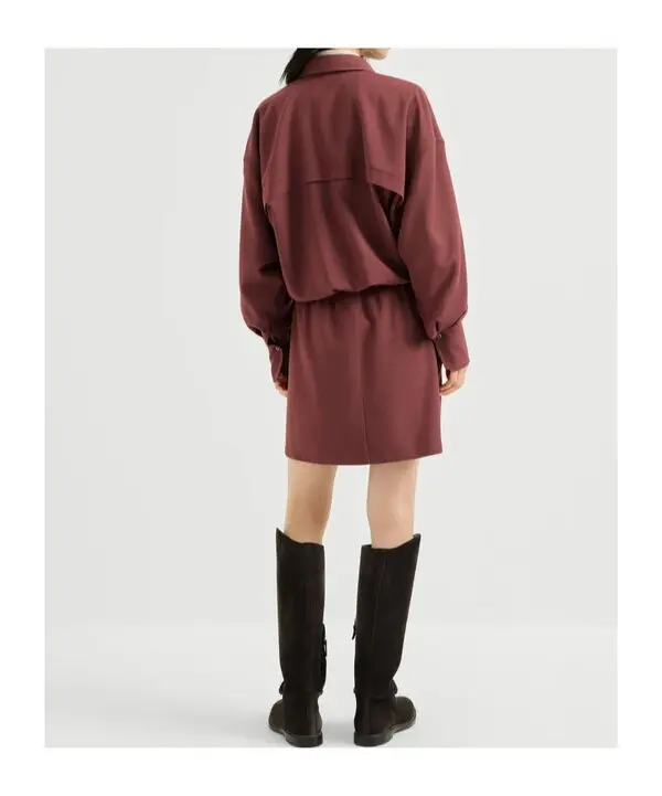 Brunello Cucinelli Virgin Wool Fluid Twill Shirt Dress With Monili - Wine