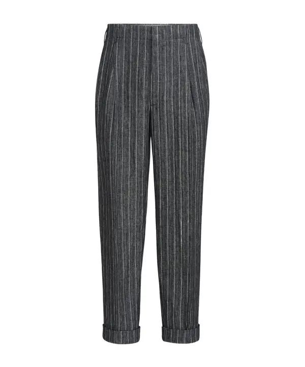 Brunello Cucinelli Linen Chalk Stripe Chevron Trousers With Double Pleats