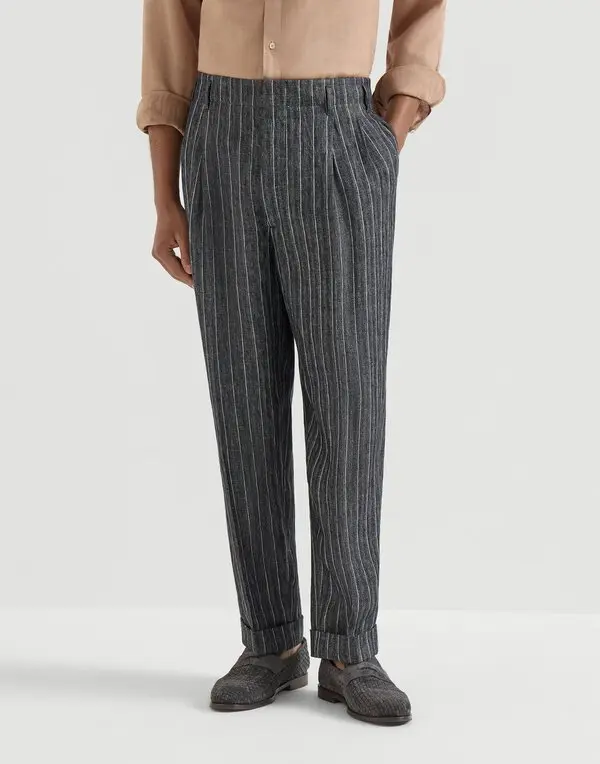 Brunello Cucinelli Linen Chalk Stripe Chevron Trousers With Double Pleats