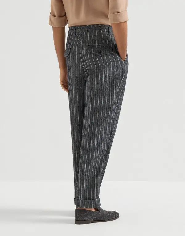 Brunello Cucinelli Linen Chalk Stripe Chevron Trousers With Double Pleats