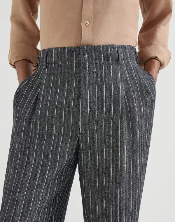 Brunello Cucinelli Linen Chalk Stripe Chevron Trousers With Double Pleats