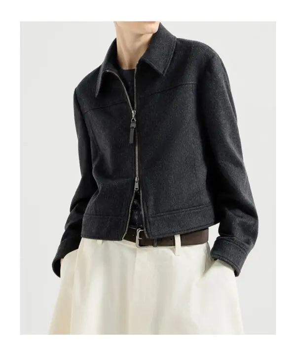 Brunello Cucinelli Wool Flannel Zip-up Jacket With Monili Detail - Black