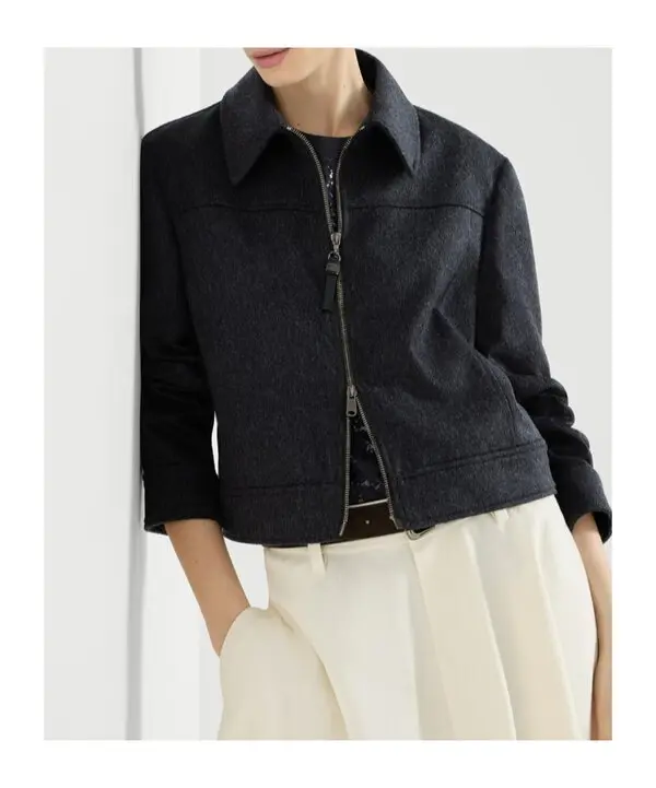 Brunello Cucinelli Wool Flannel Zip-up Jacket With Monili Detail - Black