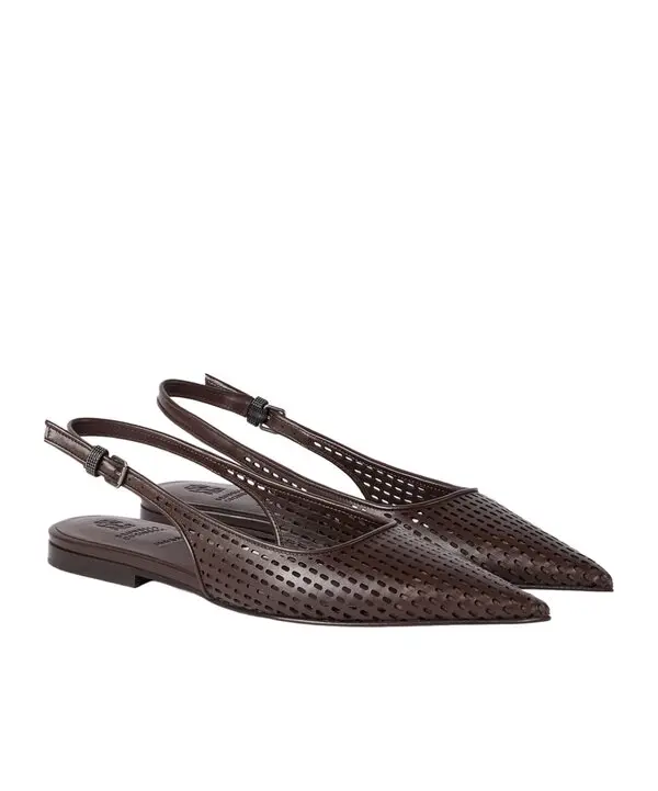Brunello Cucinelli Calfskin Net Slingback Flats With Monili Ballet - Brown