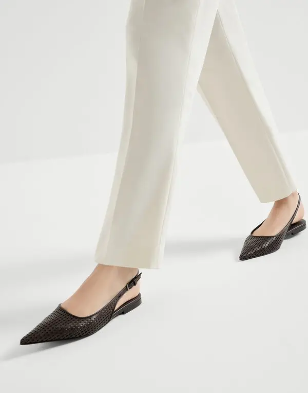 Brunello Cucinelli Calfskin Net Slingback Flats With Monili Ballet - Brown