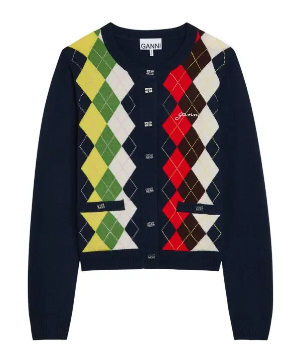 GANNI Argyle Wool And Cashmere-blend Cardigan - Black