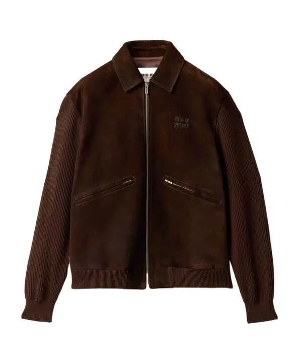 Miu Miu Waxed Suede Blouson Jacket With Knit Sleeves - Ochre